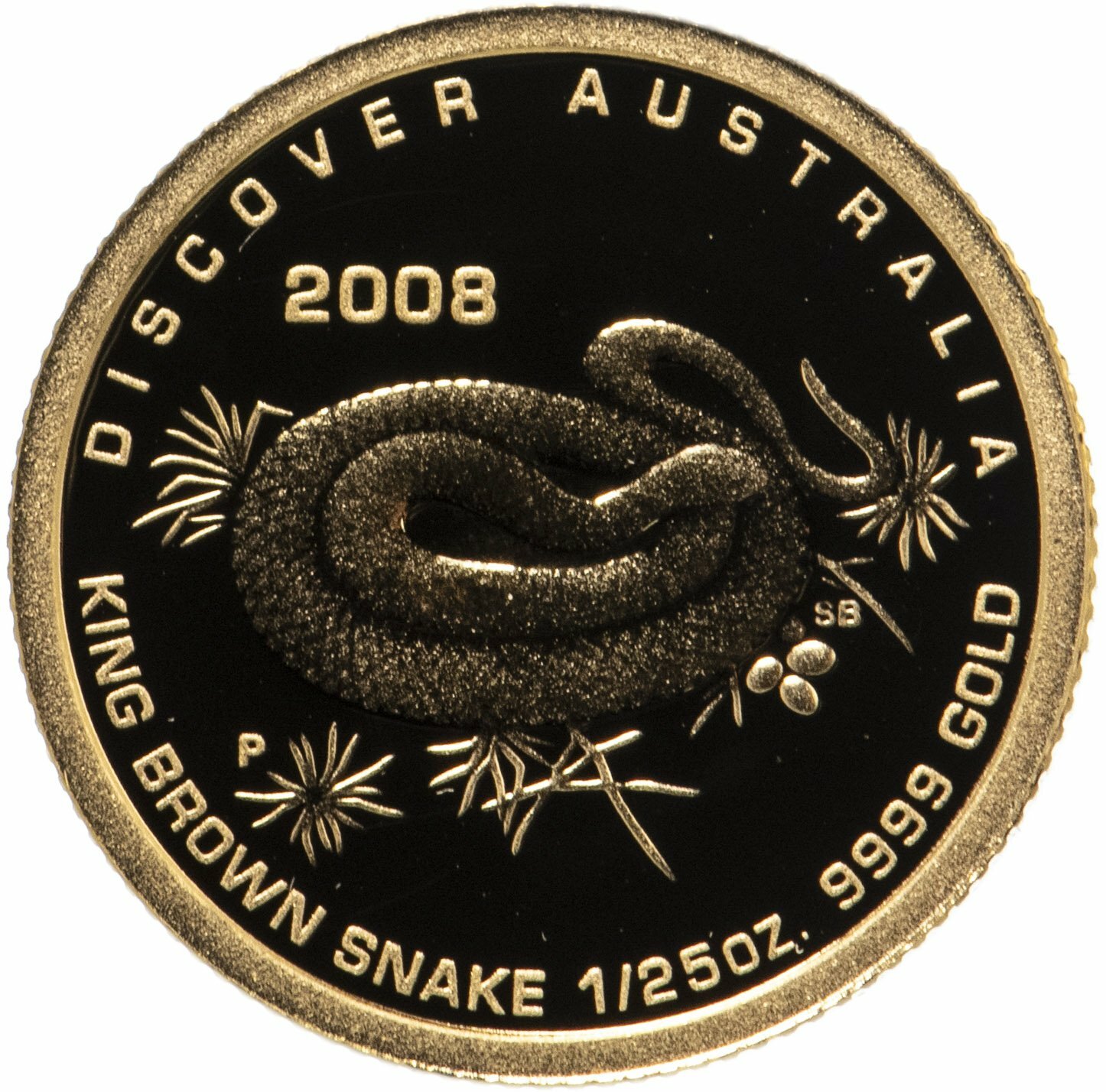 Австралия 5 долларов 2008 Proof "Королевская коричневая змея" в футляре с сертификатом, Золото 999