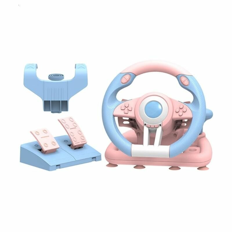 Игровой руль с педалями для мультиплатформенных гонок, 180 градусов вращения, USB подключение, Розовый и голубой