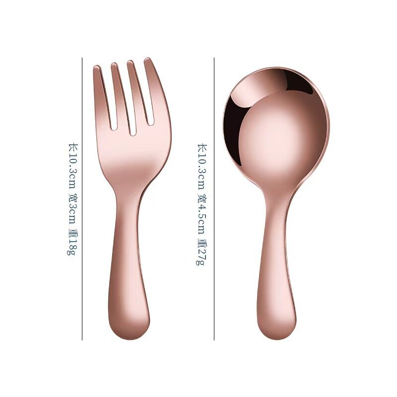Розово-золотой комплект детской ложки и вилки для кормления с маленькой круглой чашечкой, короткие ручки 95 characters