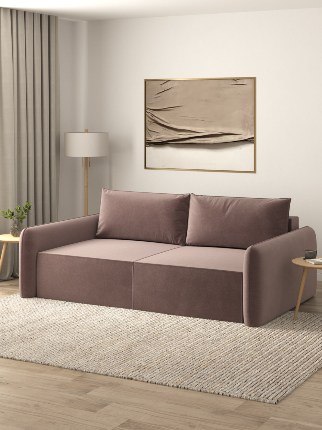 Диван кровать прямой Портленд независимый пружинный блок, раскладной, двухсекционная еврокнижка, с мягким изголовьем, с ящиком для белья, 167х200 см спальное место, Латте, велюр