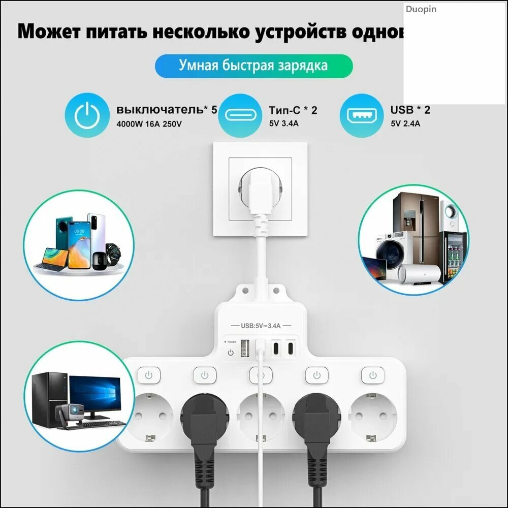 Сетевой фильтр премиум с 5 розетками 4000 Вт, двумя портами USBA и TypeC, оснащенный независимыми выключателями