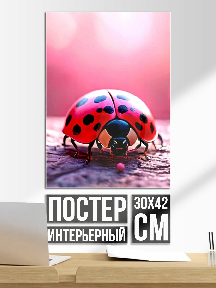Постер на стену Божья коровка на розовом