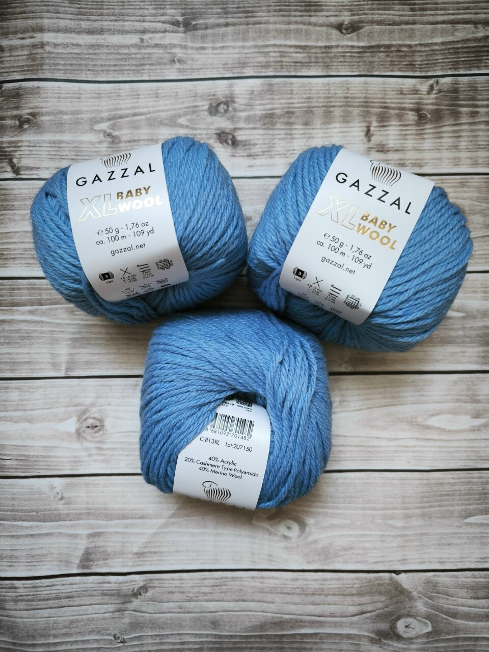 Пряжа Gazzal Baby wool XL, цвет 813 xl голубой, набор 3 мотка, вес мотка 50 гр, длина нити 100 м