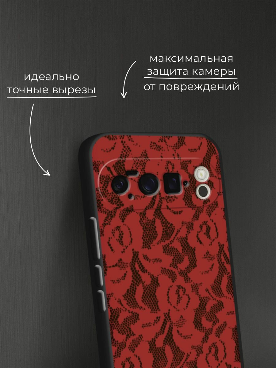 Черный матовый чехол на Google Pixel 10 Pro / Гугл Пиксель 10 Про с принтом Красные кружева цветов — фото 1