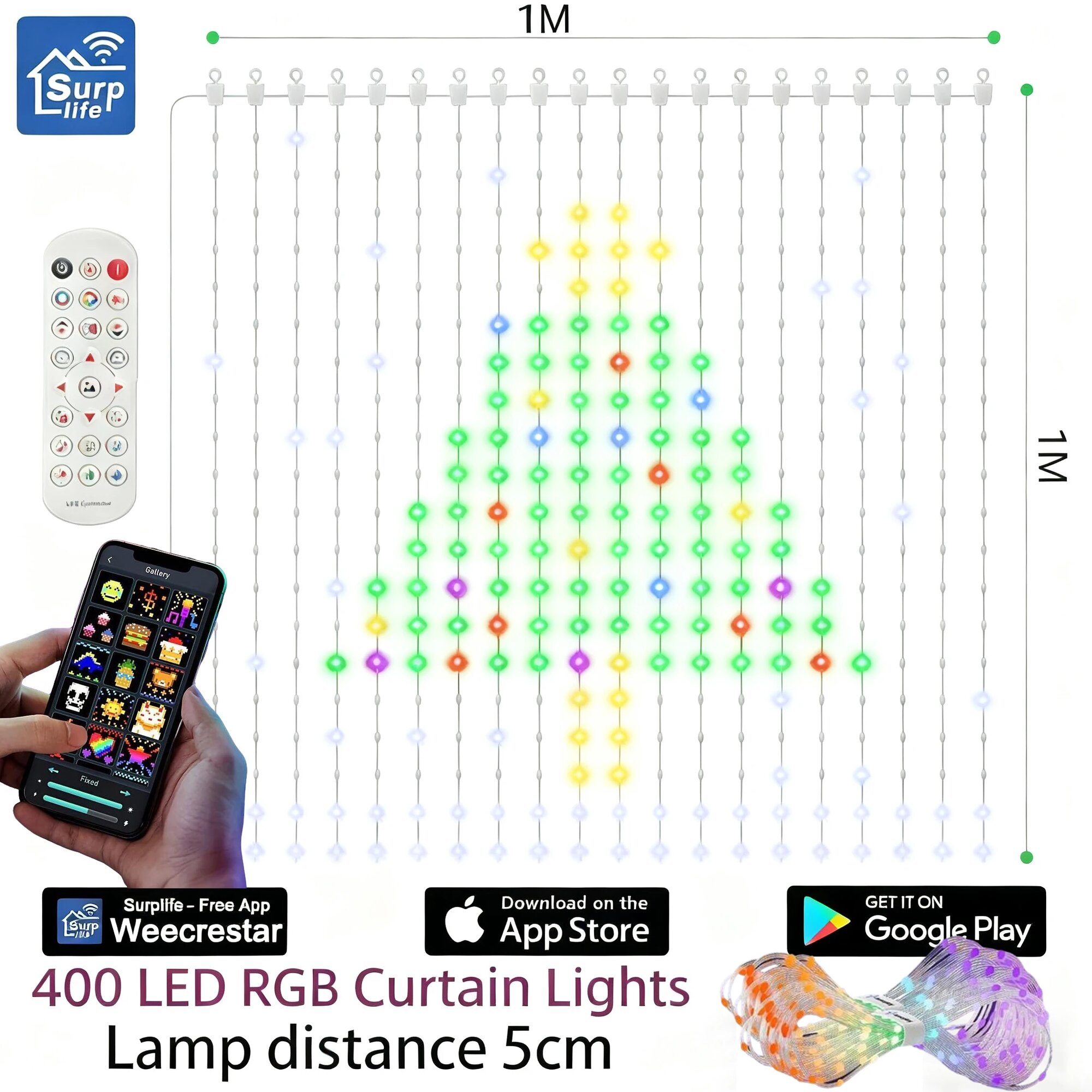 RGB LED-гирлянда 400 LED, 1м x 1м, многоцветная