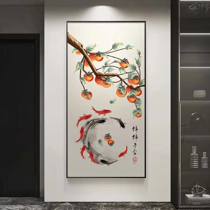 Пейзаж с карпами кои и глицинией, 70x140см, красный