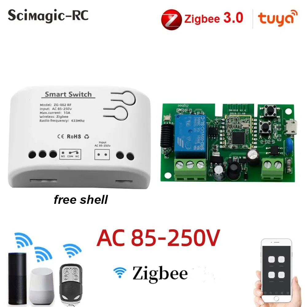 Умное реле с Алисой на 1 канал 85-250В 220B, (Tuya Zigbee + RF 433 МГц)