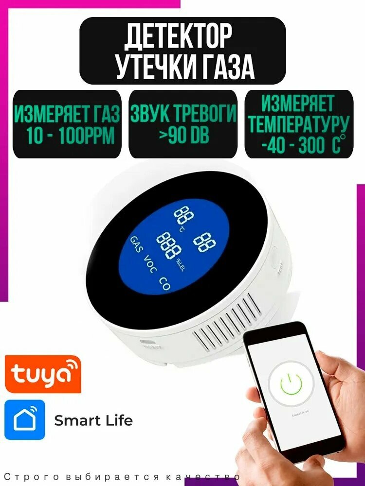 Умный Wi-Fi датчик утечки бытового газа - детектор утечки природного газа, работает автономно, в системе умный дом Smart Life SECTEC STGAS02