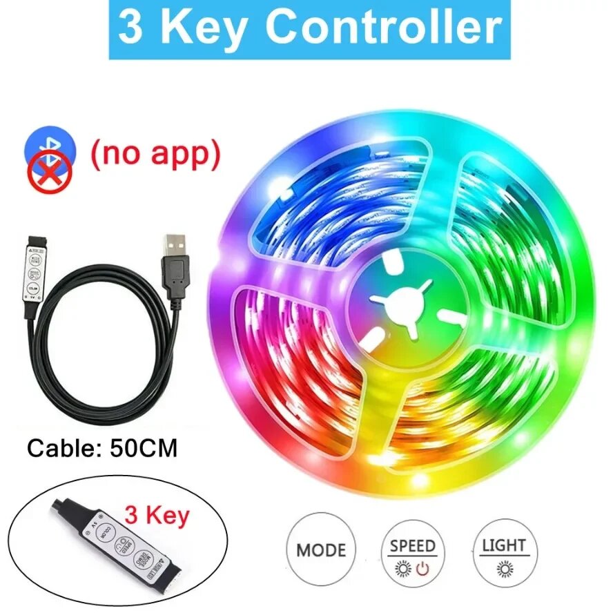 RGB Светодиодная лента PwwQmm 5В USB 1м Белый, 3 Key Controller, 3m