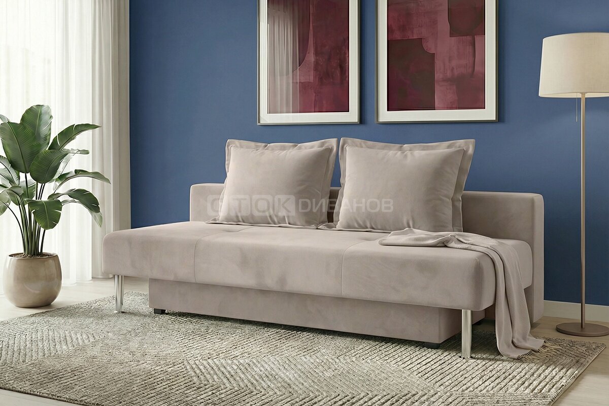 Диван Сток Диванов Микки, бежевый велюр, 180 см, механизм еврокнижка, с ящиком для хранения