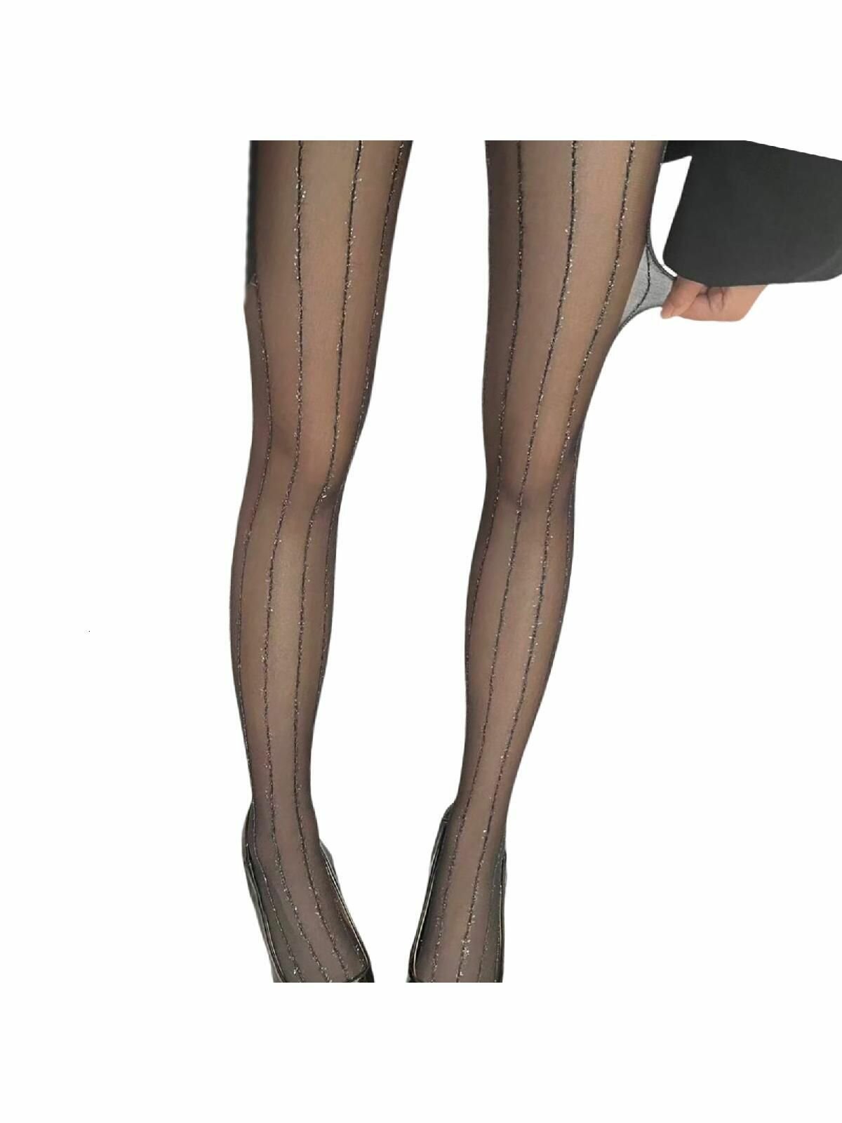 Блестящие колготки с вертикальными полосками, Черный