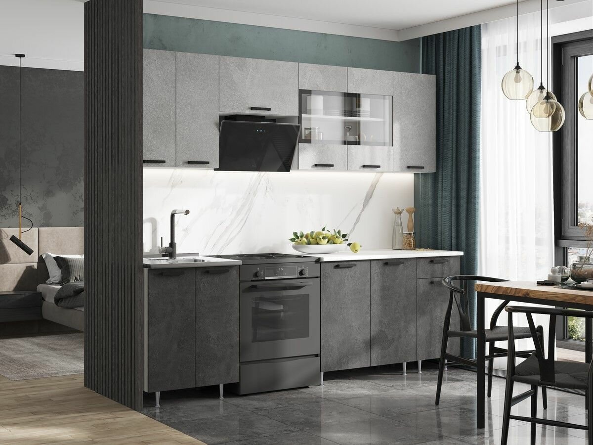 ЛДСП Кухня Рио NEW 2,4м Бетон светлый/Бетон темный, Белый, Столешница Антарес