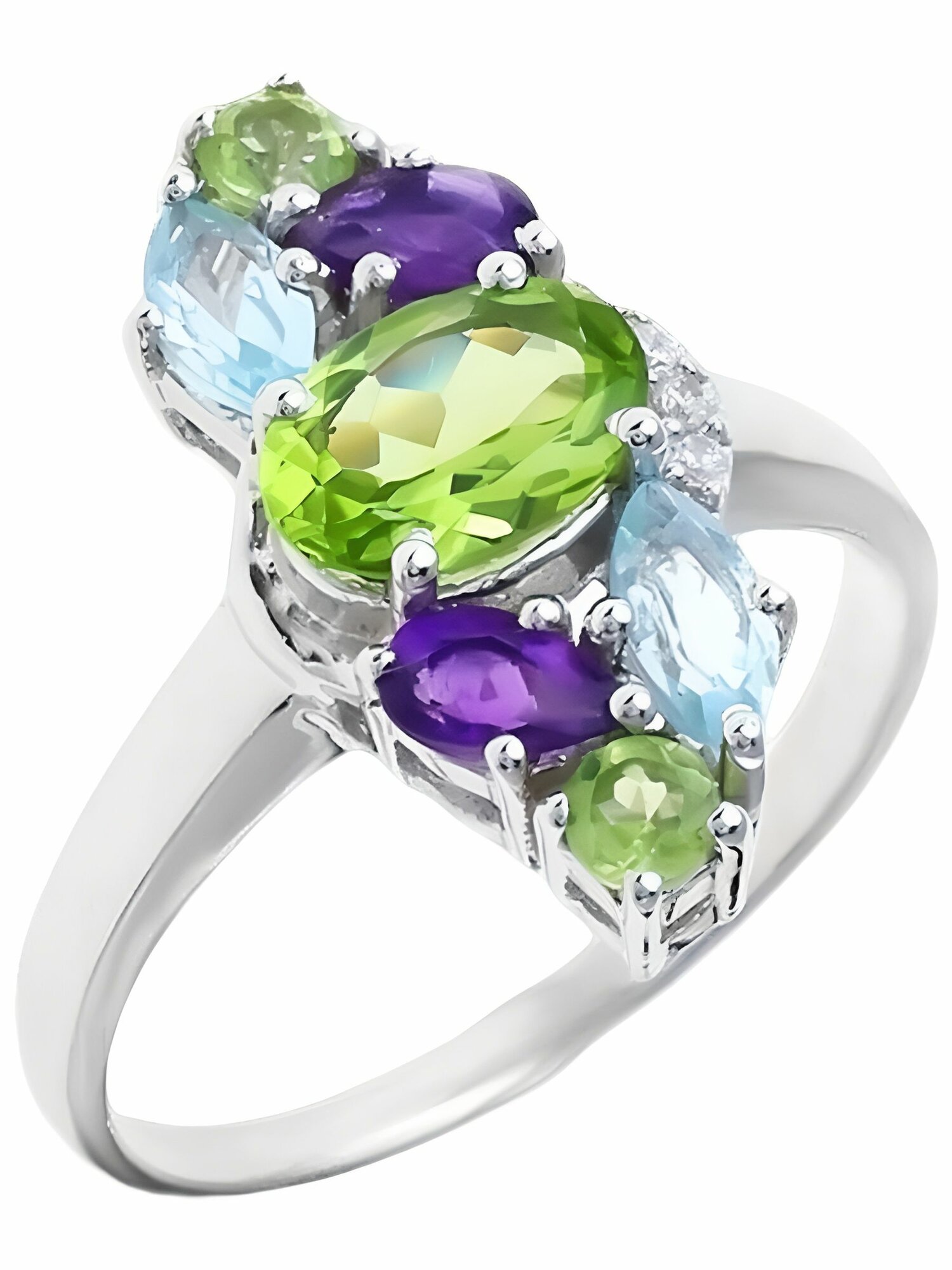 Кольцо тонкое, серебро, 925 проба, родирование, аметист, топаз, фианит