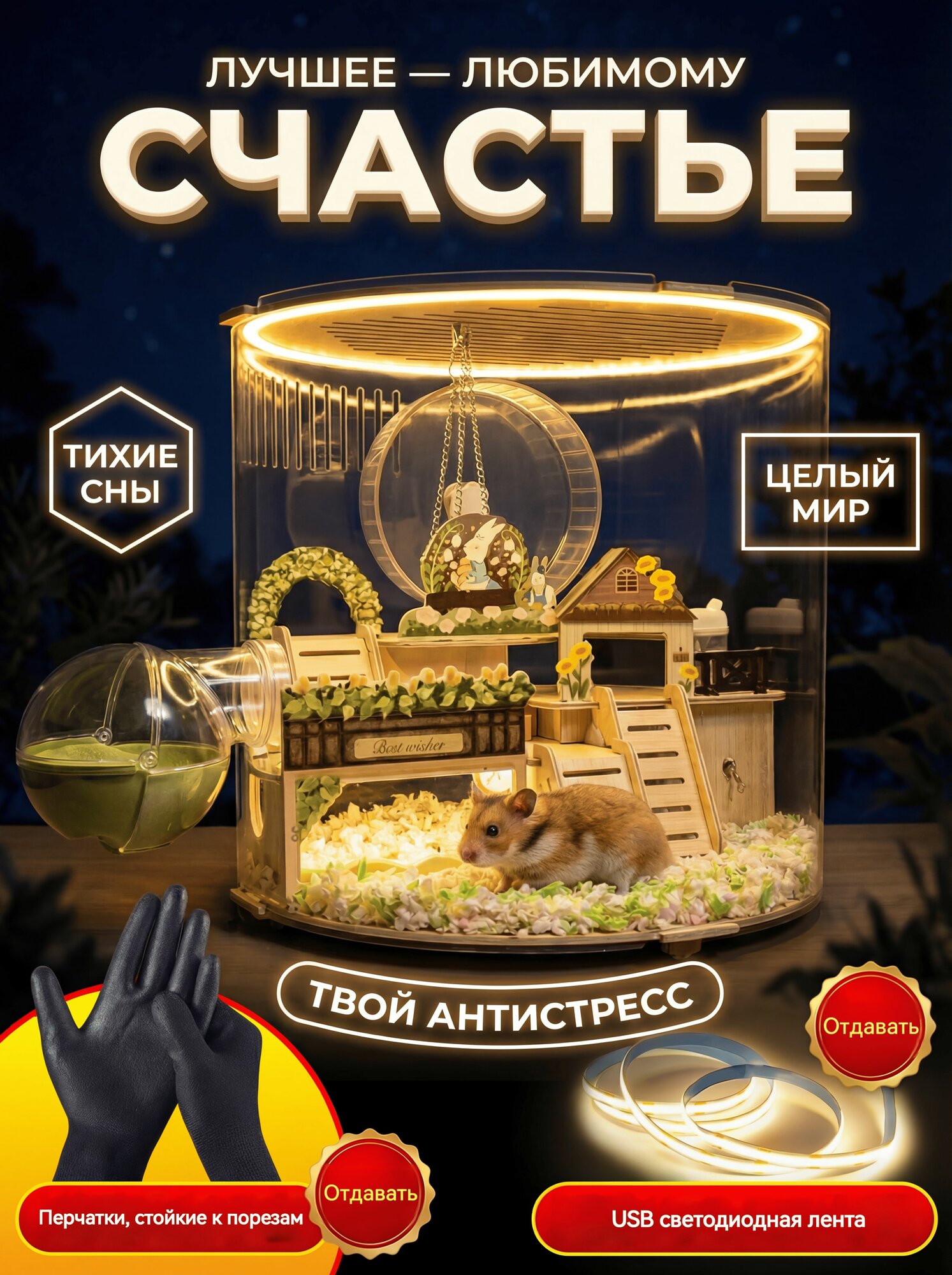 Большая клетка для хомяка джунгарского и сирийского с трубами Прозрачная акриловая витрина 2 этажа, деревянный домик с лабиринтом, террариум для грызунов