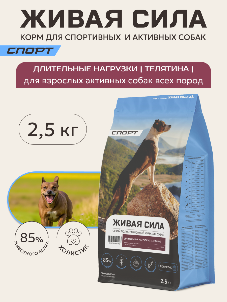Живая сила Спорт, корм для взрослых активных собак всех пород с телятиной, Крупная гранула (2,5 кг)