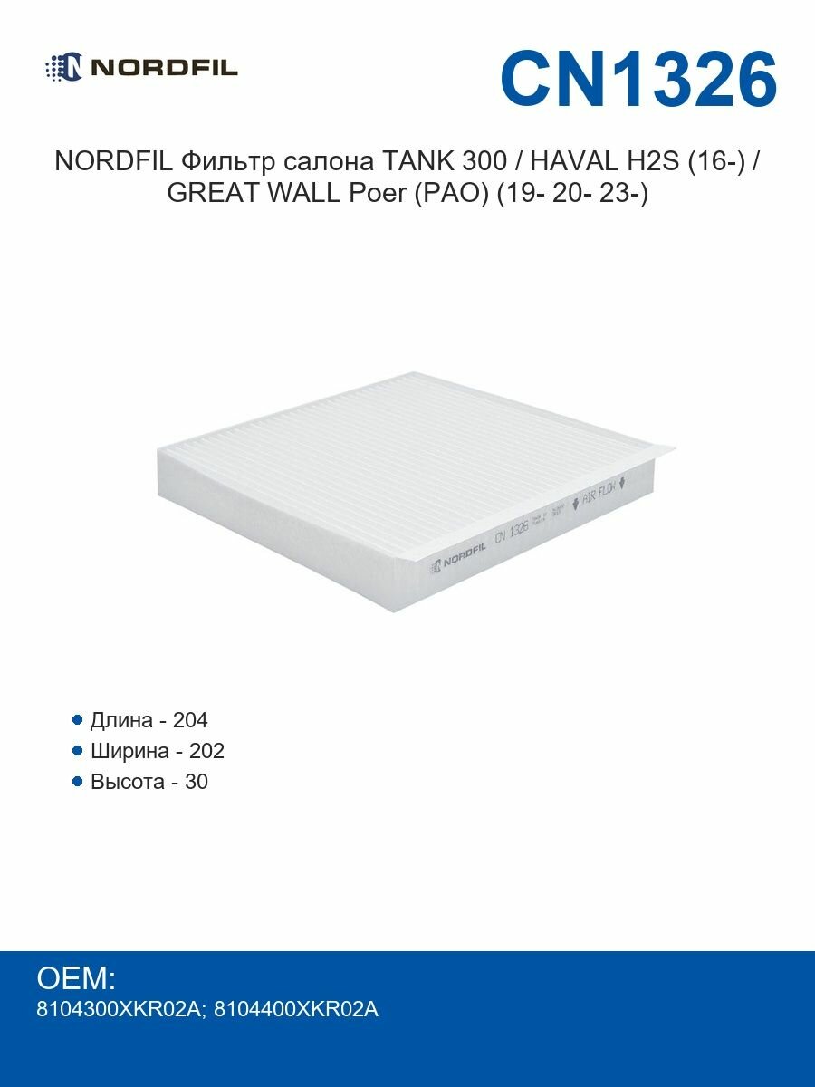 NORDFIL Фильтр салона TANK 300 / HAVAL H2S (16-) / GREAT WALL Poer (PAO) (19- 20- 23-)