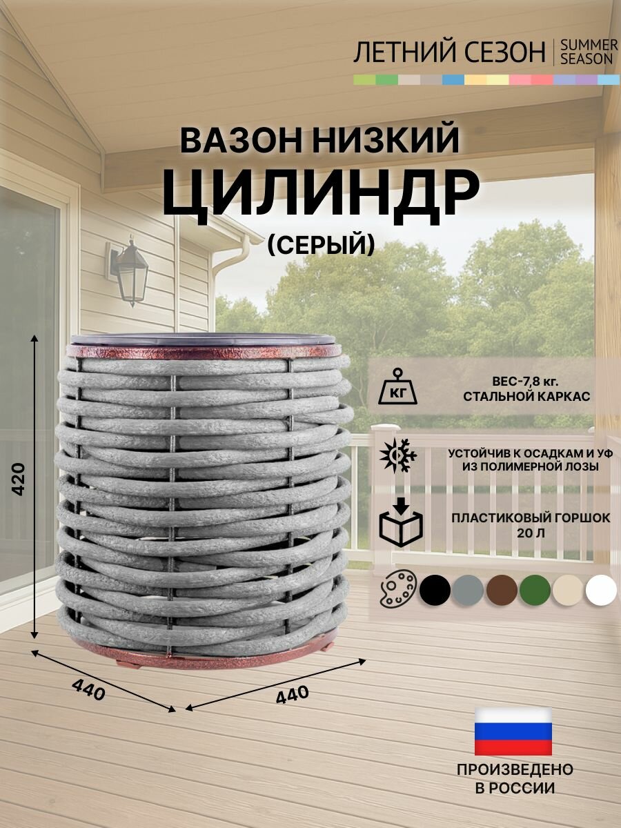 Вазон уличный для растений DeckWOOD, пластиковый, низкий цилиндр 40×38 см, серый