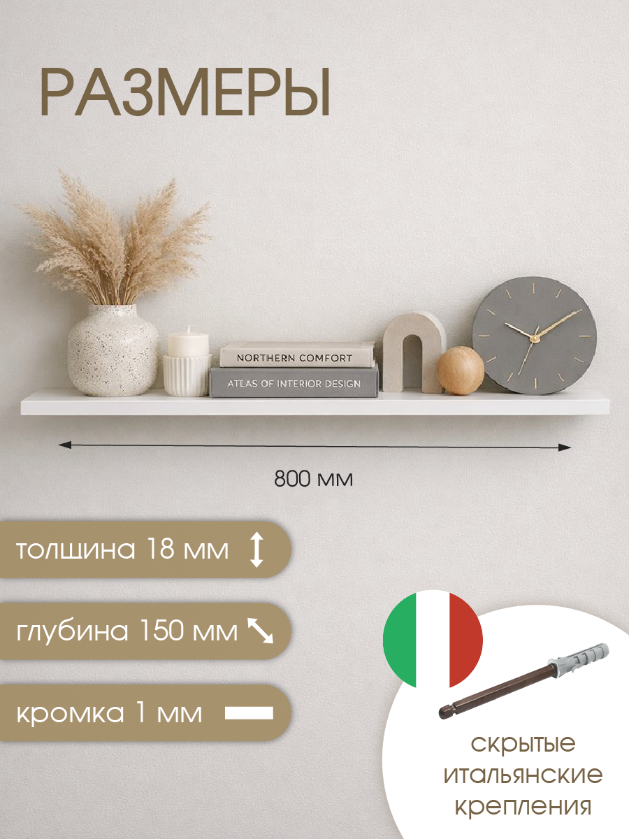 Полки парящие, 15x80см, толщина 18мм, скрытое итальянское крепление, белые. 2 шт