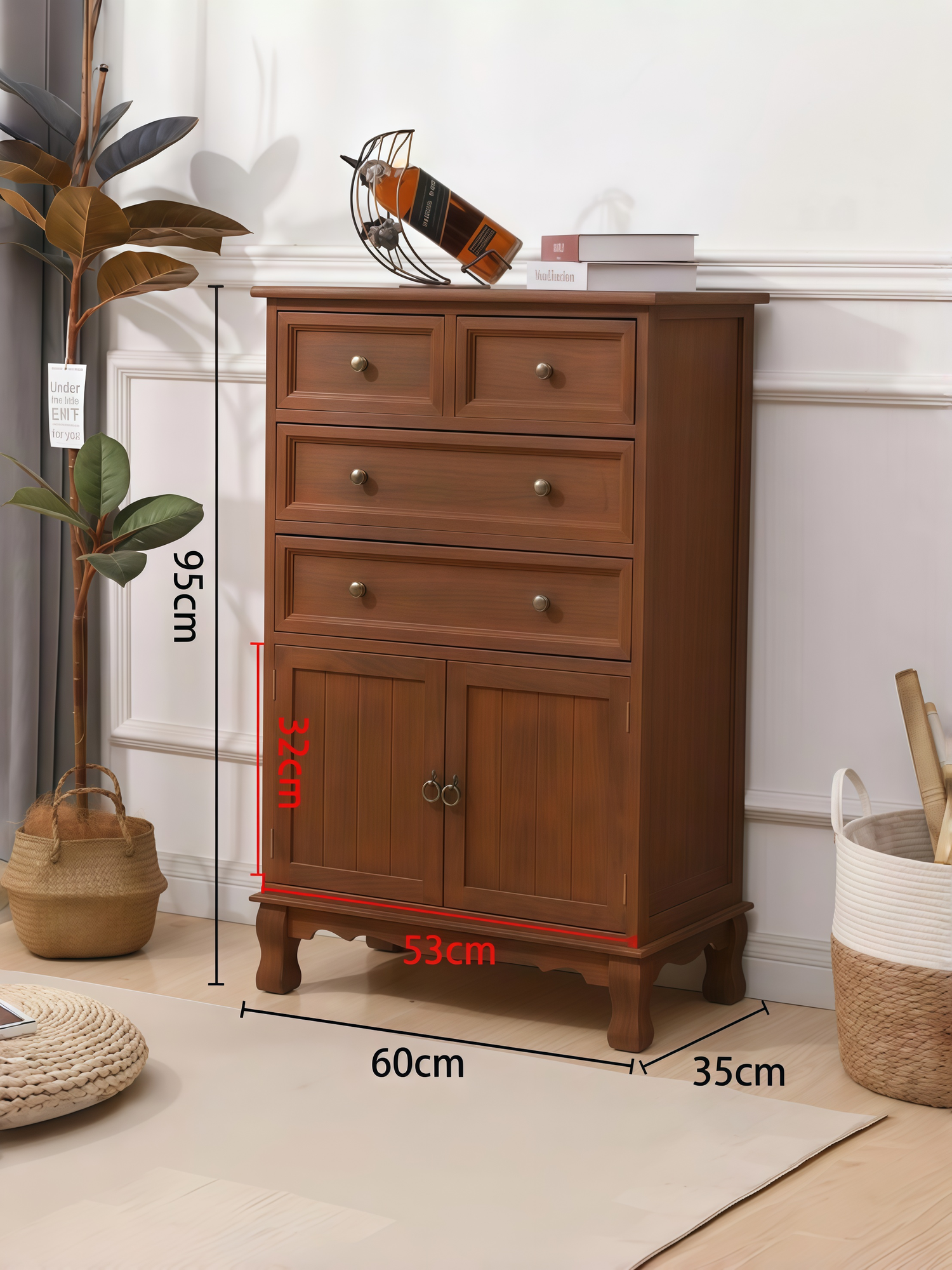 Комод, фанера/цельный спил, темно-коричневый, 95 см x 60 см x 35 см