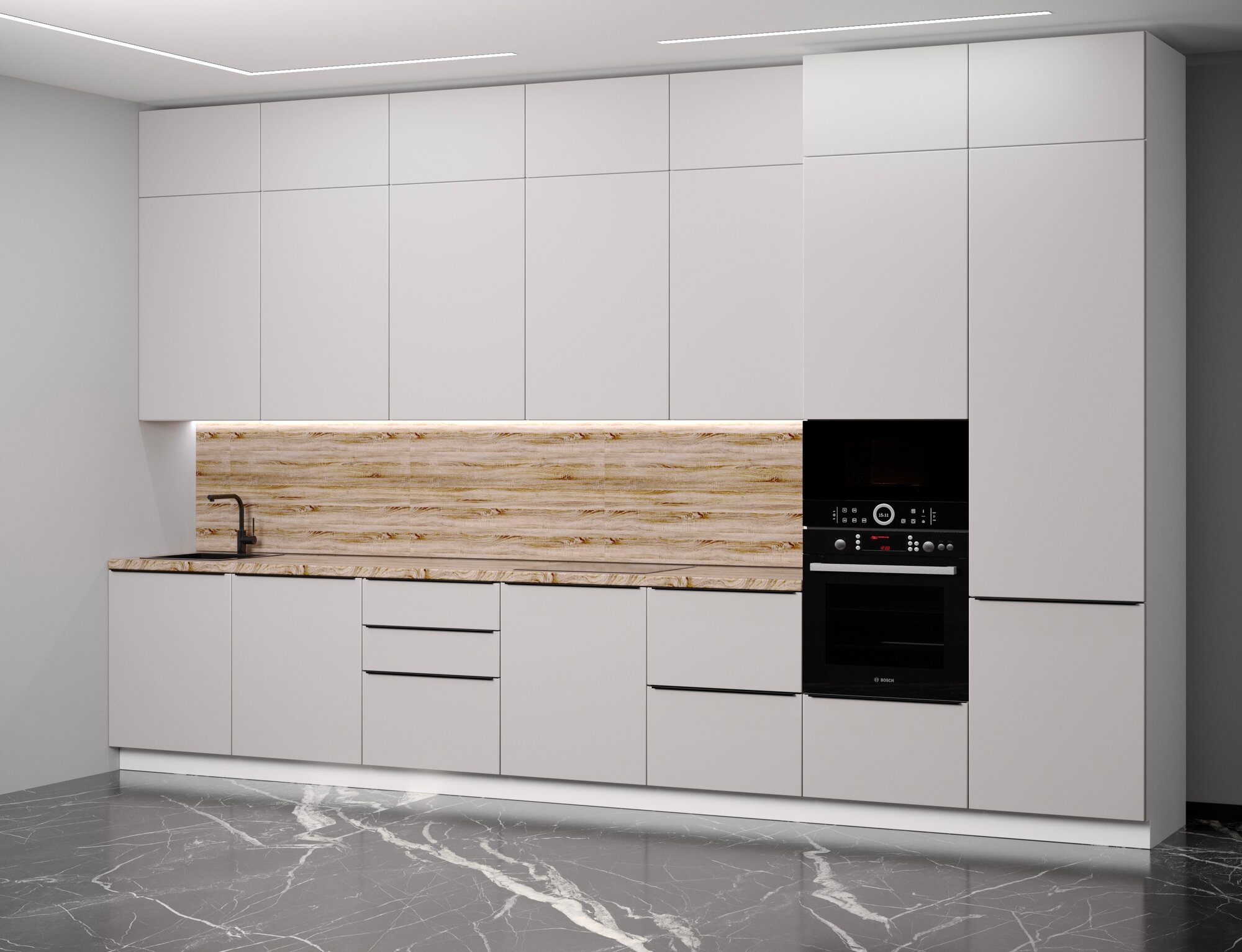 Кухонный гарнитур. Модульная кухня. 4.2 метра, МДФ. Цвет светло серый