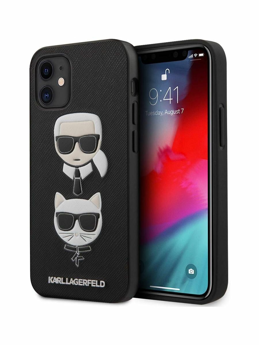 Lagerfeld чехол для iPhone 12 Mini / Чехол для Айфон 12 мини / PU Saffiano Karl and Choupette Hard (черный)