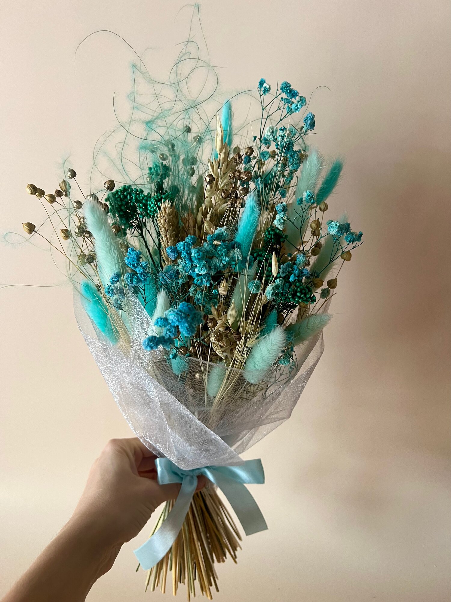 Букет из сухоцветов «Морские брызги», 35 см, в бирюзово-мятных оттенках