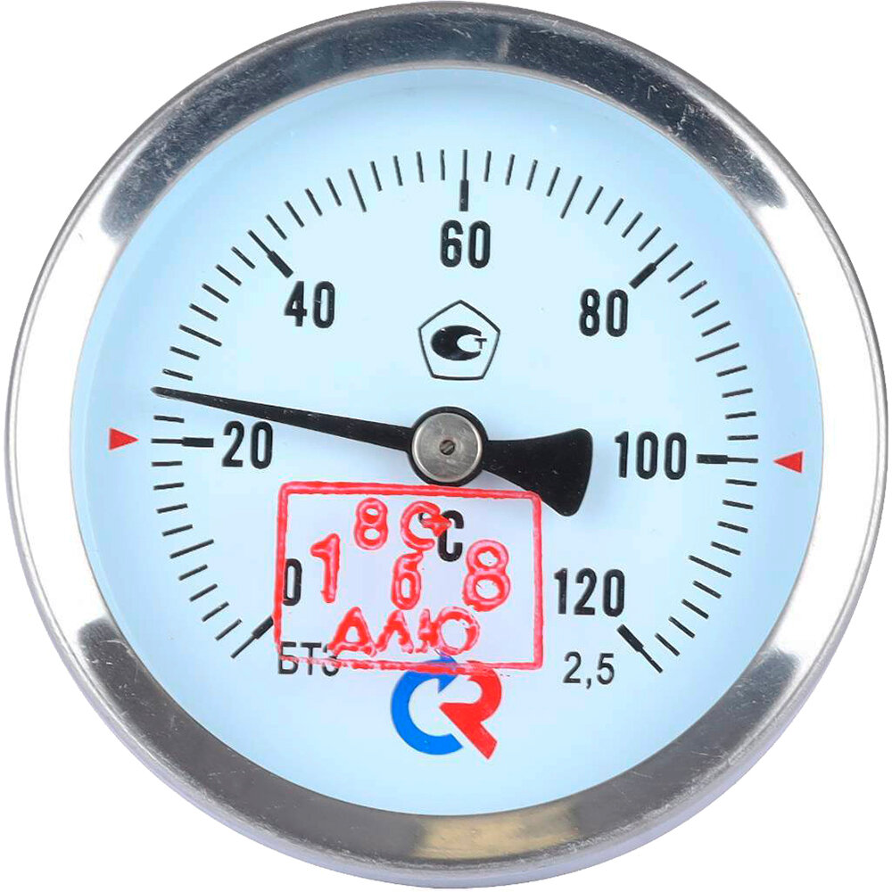Термометр осевой Росма БТ-31.211 до 120°С L=100мм G1/2 2.5 биметаллический общетехнический 63 мм, тип БТ-31.211, осевое присоединение, шкала 0-120°С, длина штока L=100 мм, резьба G1/2, класс точности 2.5, с защитной латунной погружной гильзой