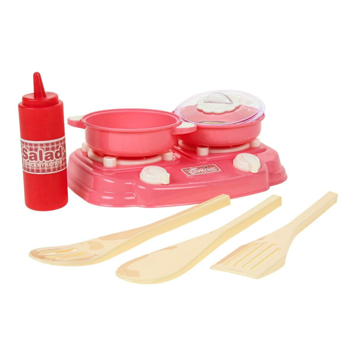 Игровой набор посуды для кукол, 10 предметов в корзине, плита, сковорода, кастрюля, аксессуары, цвет розовый/бежевый