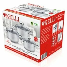 Набор кастрюль KELLI KL-4210, сталь, серебристый, 6 предметов — фото 1