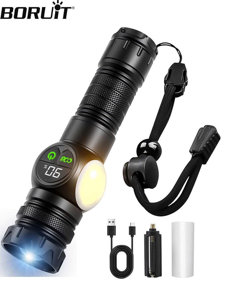 Яркий фонарик BORUiT 1000LM, аккумулятор 18650/26650