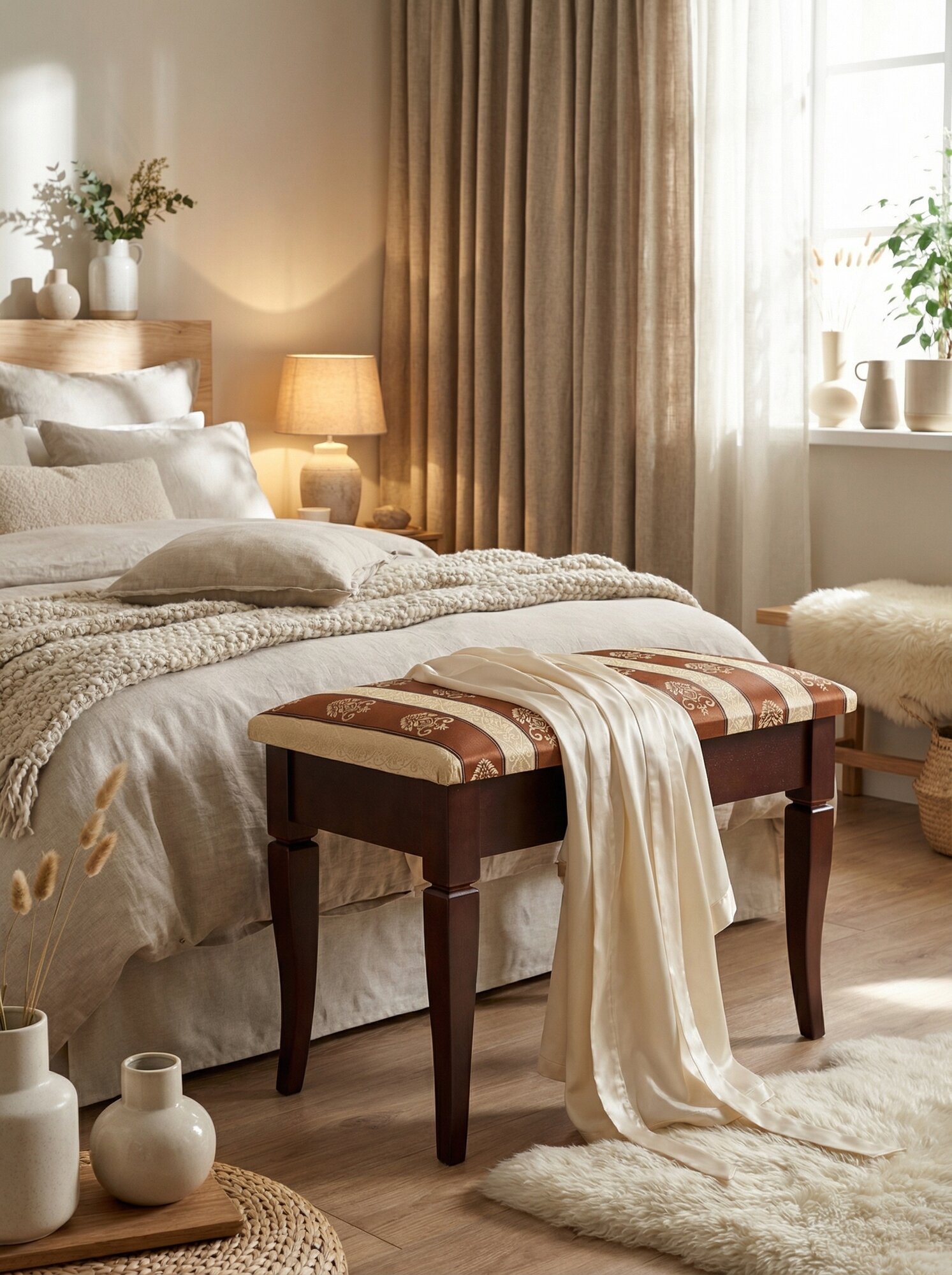 Пуфик банкетка в прихожую Мебелик с сиденьем Ретро М с ящиком средне-коричневый, ткань полоса коричн.