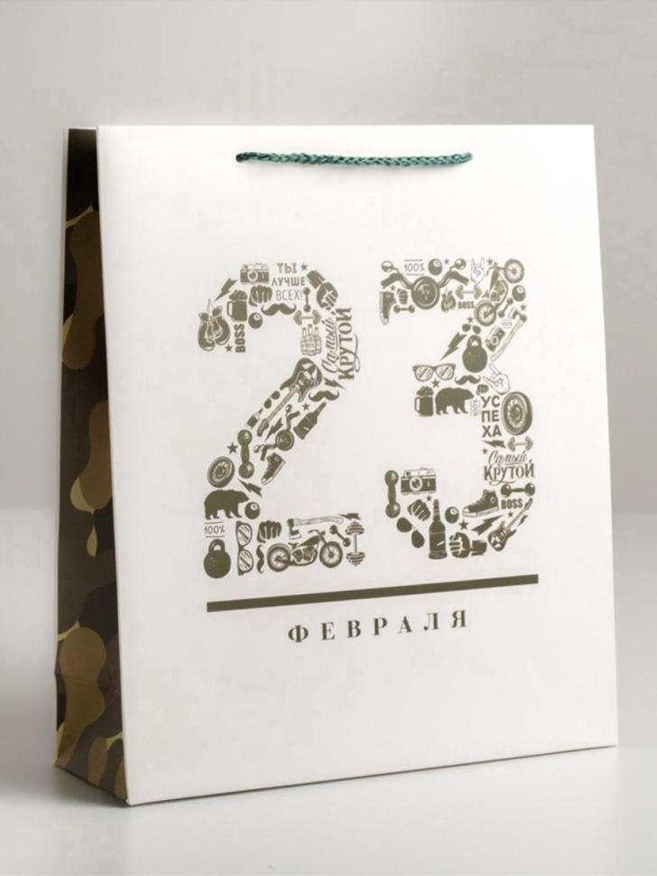 Подарочный пакет "23 февраля", ламинированная бумага, 26x30x9 см