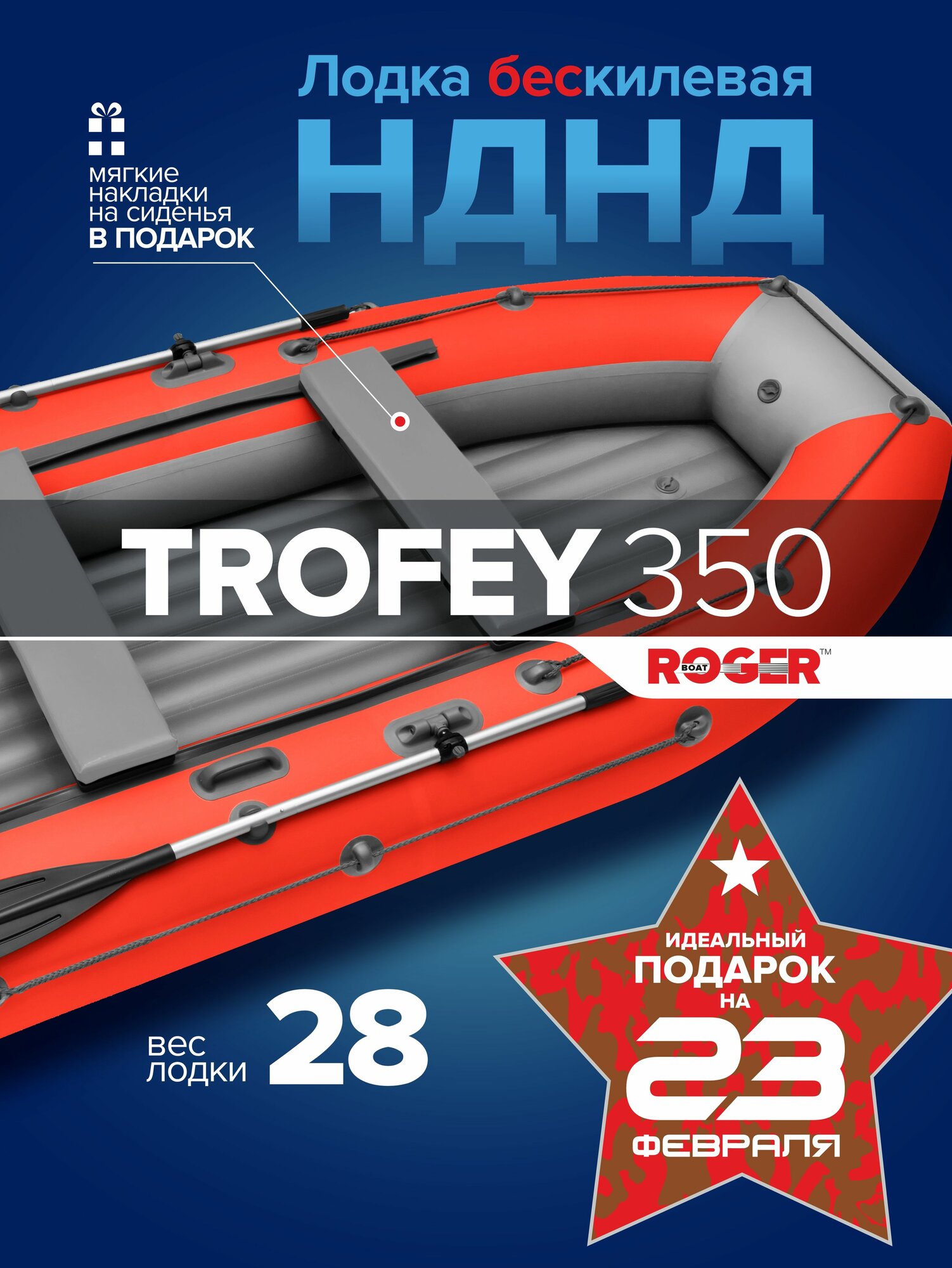 Лодка ПВХ под мотор НДНД ROGER Trofey 350, лодка надувная для рыбалки роджер (красный серый)