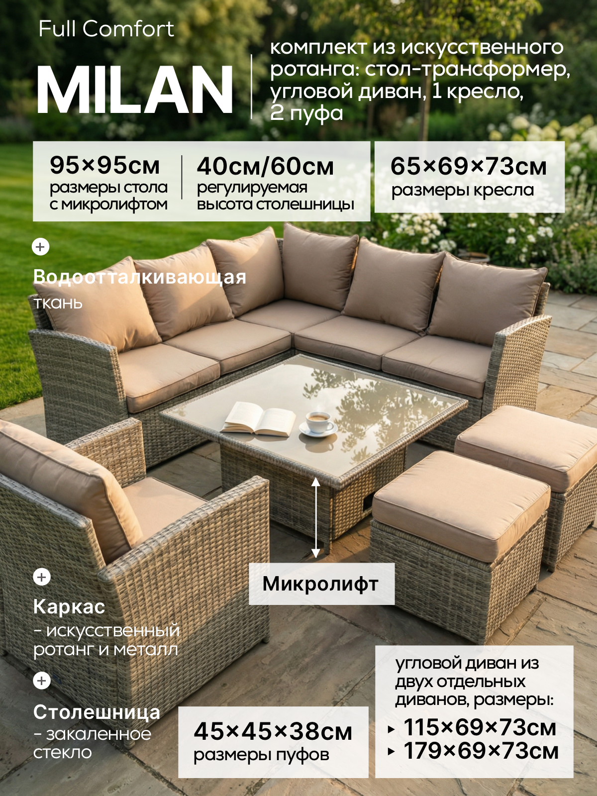 Комплект садовой мебели Full Comfort - MILAN(стол трансформер, угловой диван, кресло, 2 пуфа) 8 персон, ротанг бежевый