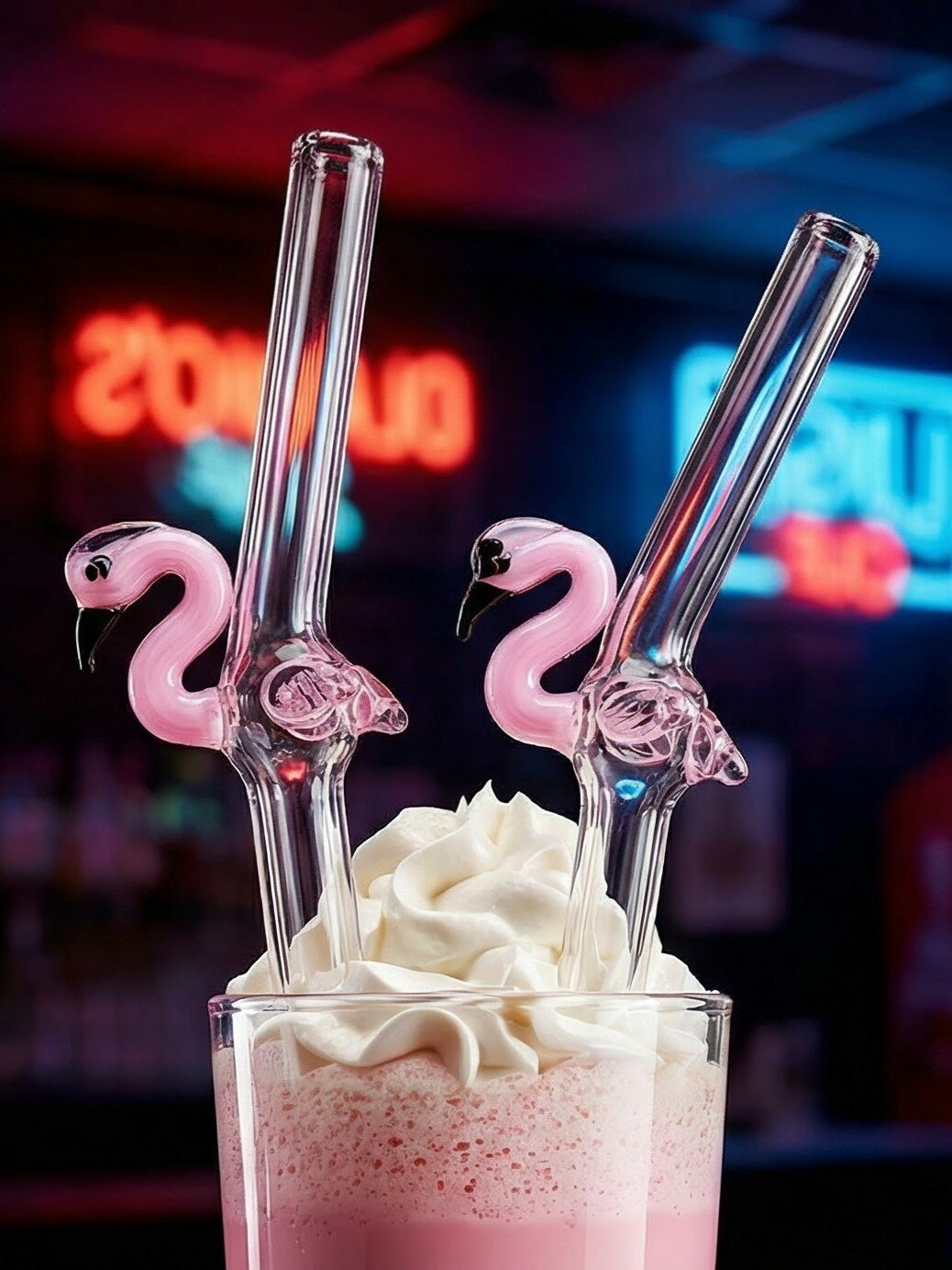 Трубочки стеклянные для коктейлей, многоразовые, прозрачные с декоративным элементов в виде птицы фламинго. 20 х 0,8 см. 2 шт. + ёршик