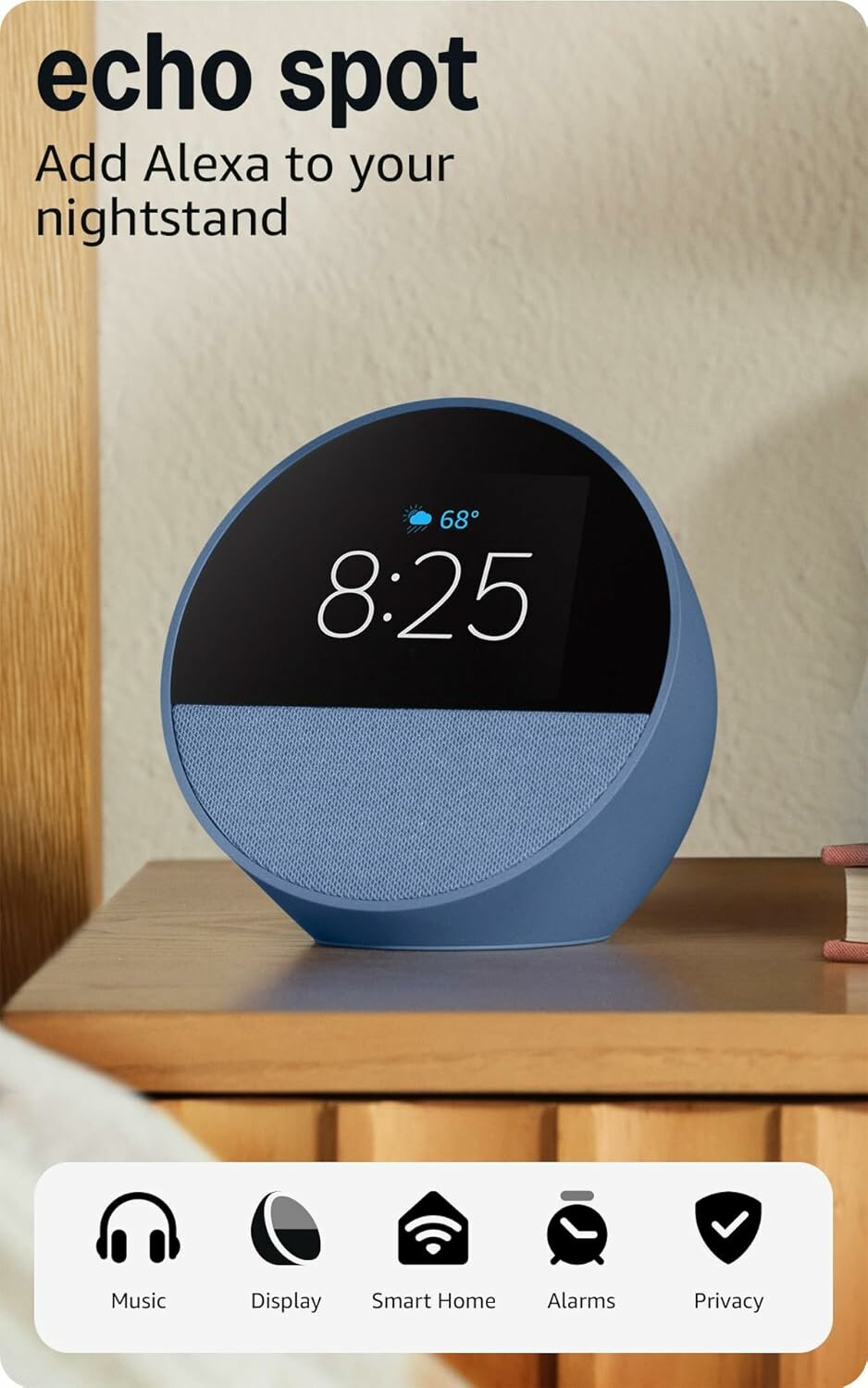 Умная Колонка Будильник Amazon Echo Spot (2024) с экраном и помощником Alexa (Алекса), синий