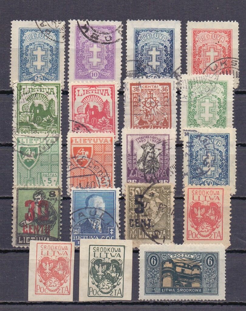 Марки почтовые Литва и Центральная Литва 1922 - 1940 год, Стандарты, редкие, в коллекцию. Набор 19 марок.