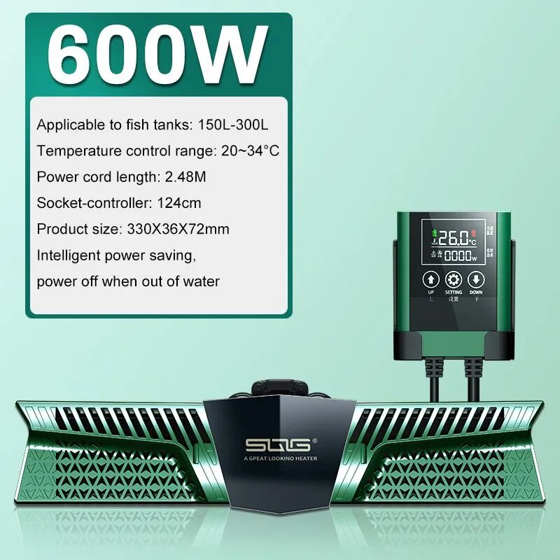 Обогреватель для аквариума 600W, 150-300л, 20-34°C, интеллектуальное энергосбережение, отключение при недостатке воды