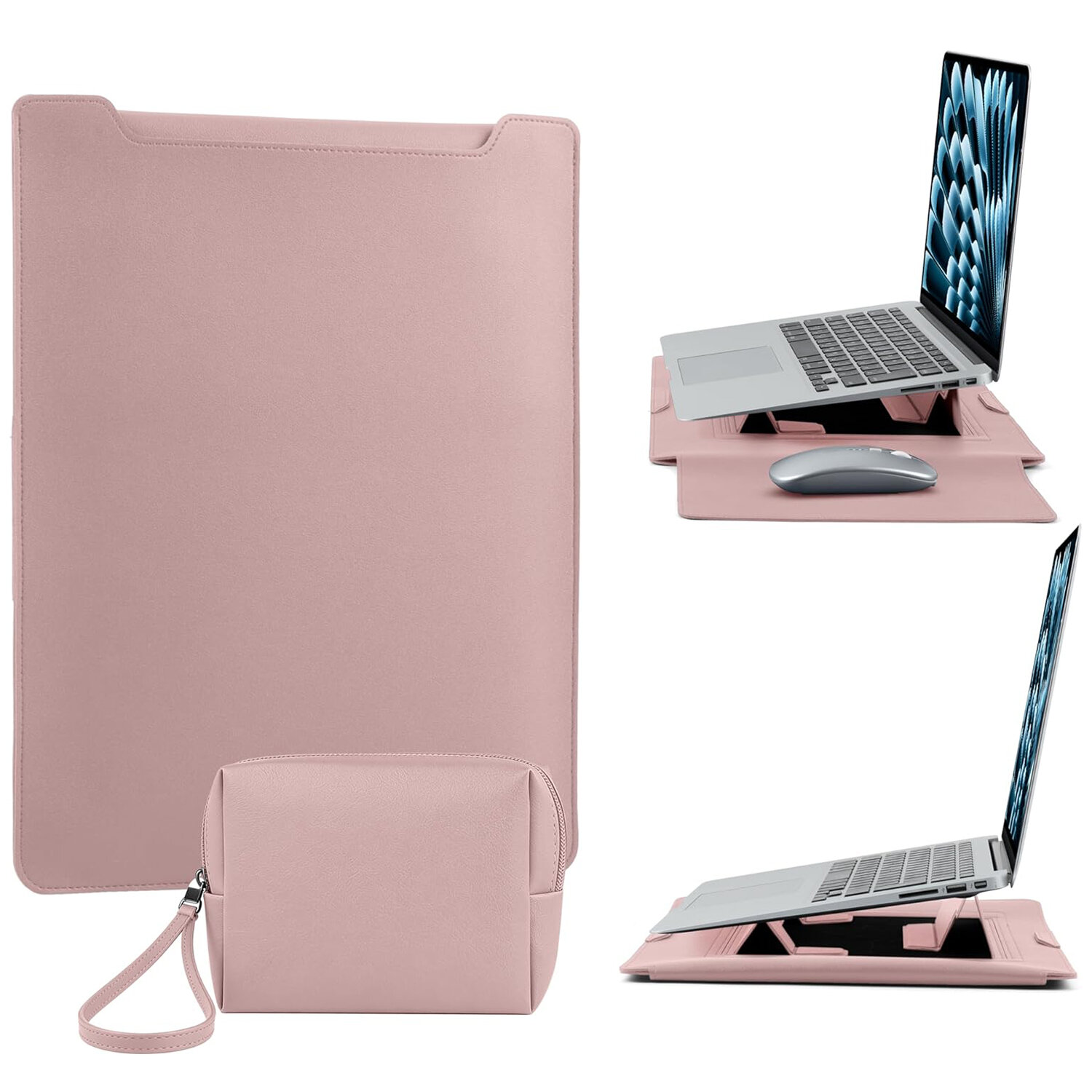 Чехол для ноутбука Portable Laptop Sleeve Case 15-16', с подставкой и сумкой для зарядного кабеля, светло-розовый