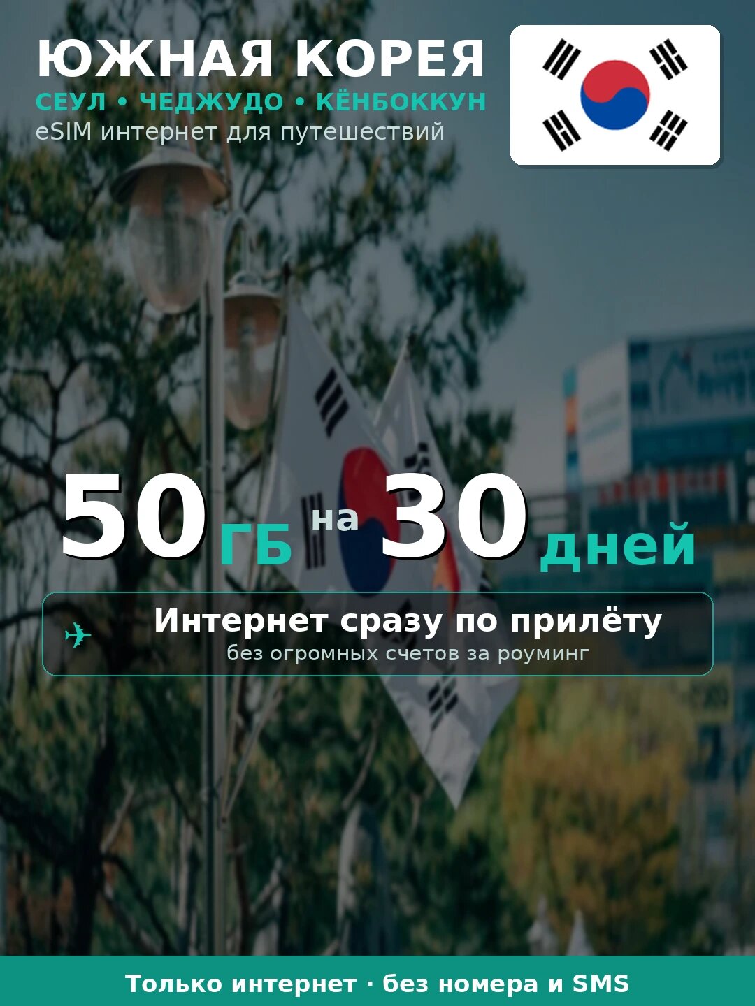 ESIM Южная Корея — мобильный интернет 50 ГБ на 30 дней | виртуальная SIM-карта для путешествий