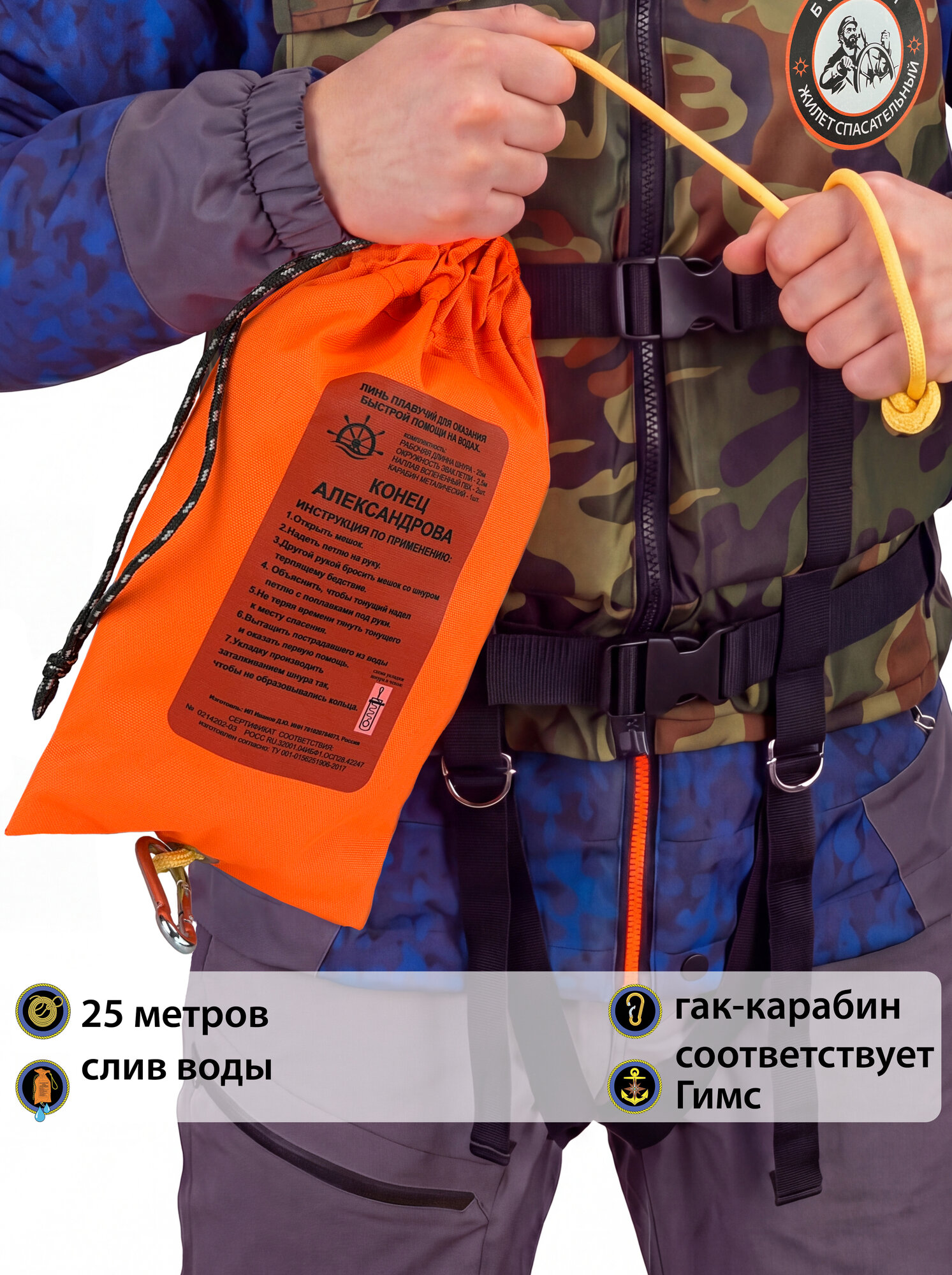 Спасательный конец александрова для лодки (длина веревки 25 м)