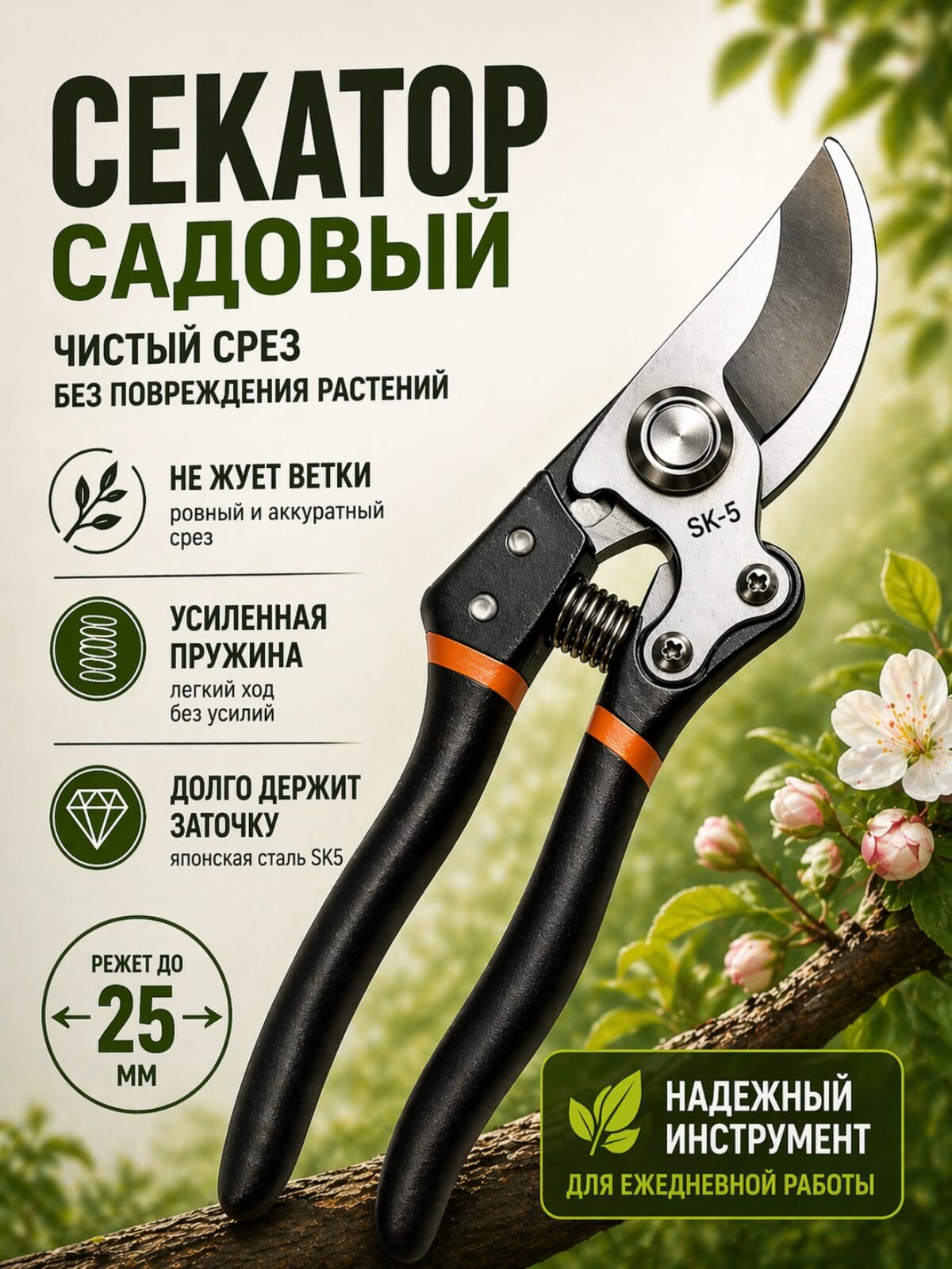 Секатор садовый для дачи и сада, секатор-ножницы для обрезки кустов, деревьев и цветов, лезвия из японской стали SK-5, ветки до 25 мм