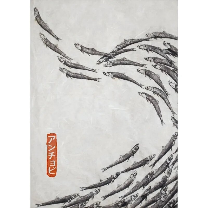 Акварельный постер "Косяк рыбок", 50x70см, Белый, Цвет: 18, Unframed