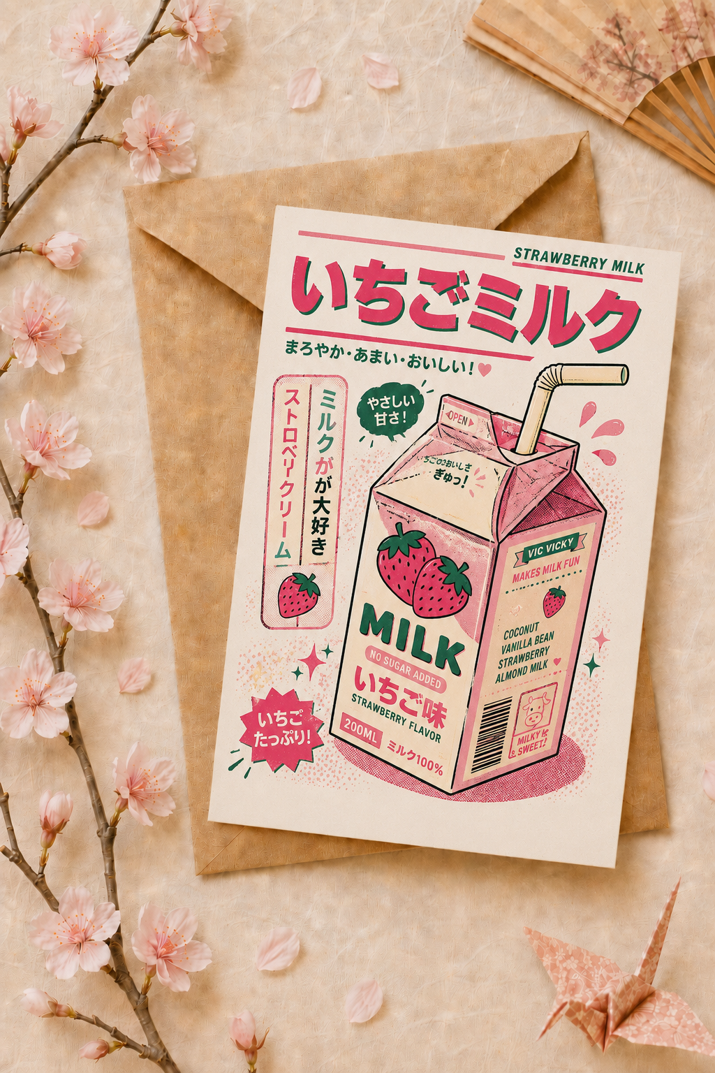 Открытка в японском стиле «Strawberry Milk», открытка с клубничным молоком 10×15 см с крафт-конвертом