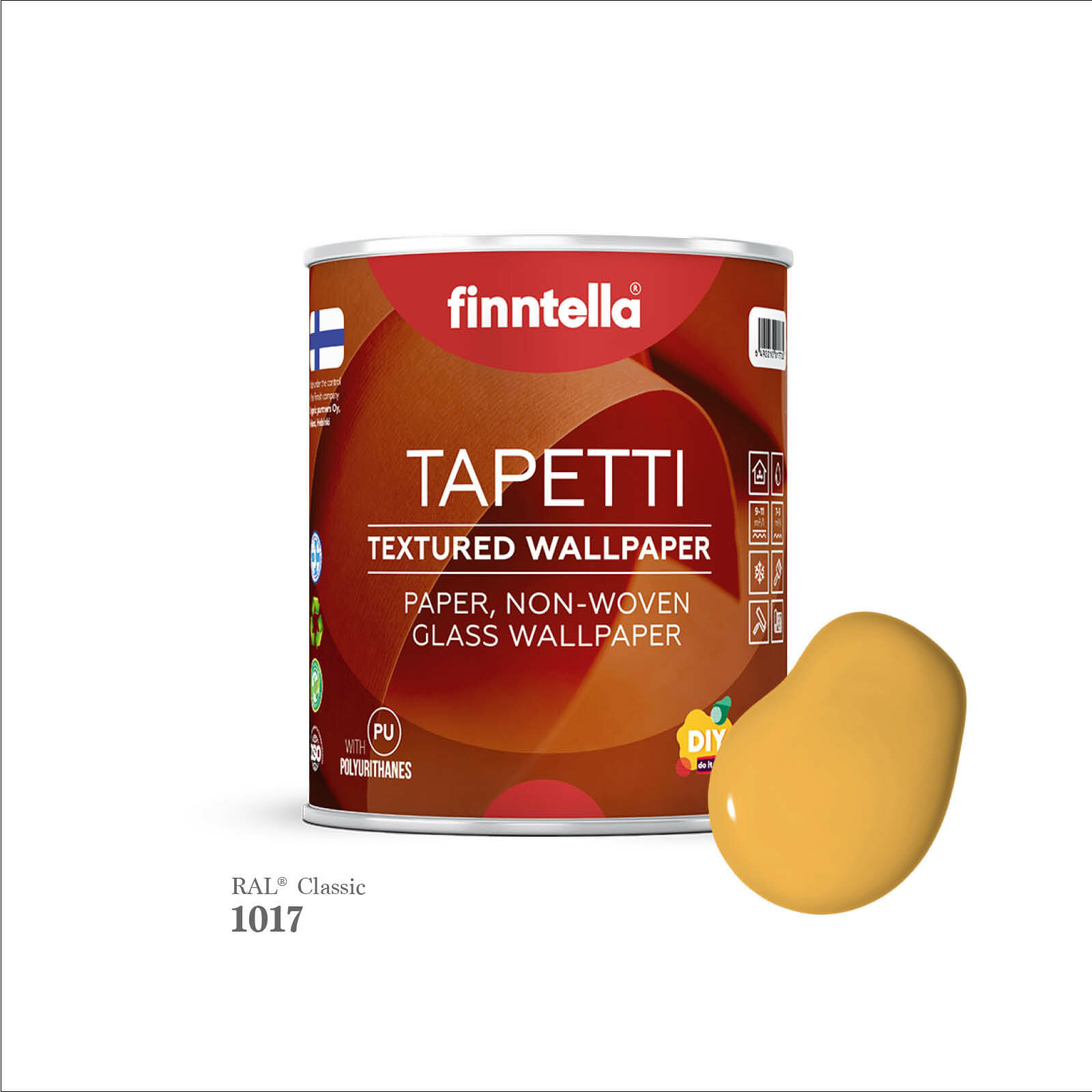 Шелковисто-матовая краска для обоев под окраску TAPETTI SILKKI Matta FINNTELLA, Цвет RAL 1017 Шафраново-желтый (Saffron yellow), 0,9л