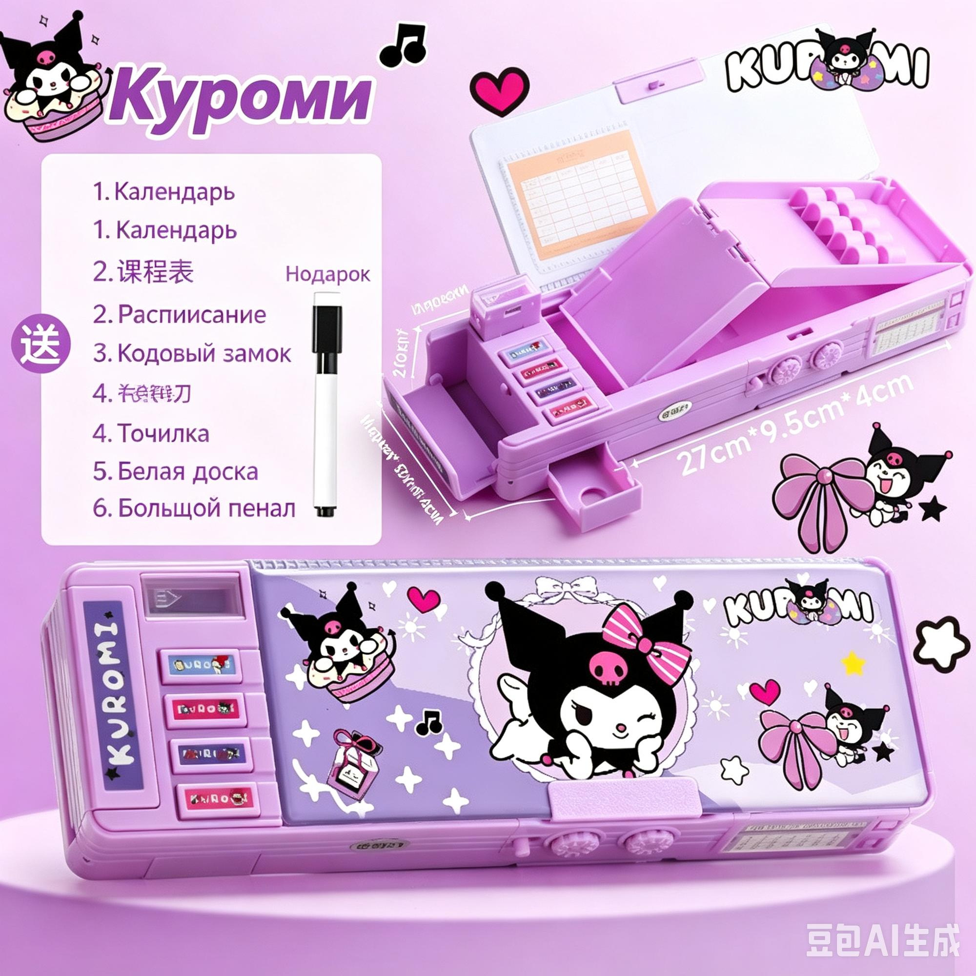 Пенал MINISO Куроми, 27*9.5*4CM, Новый набор канцелярских принадлежностей, криптографический замок