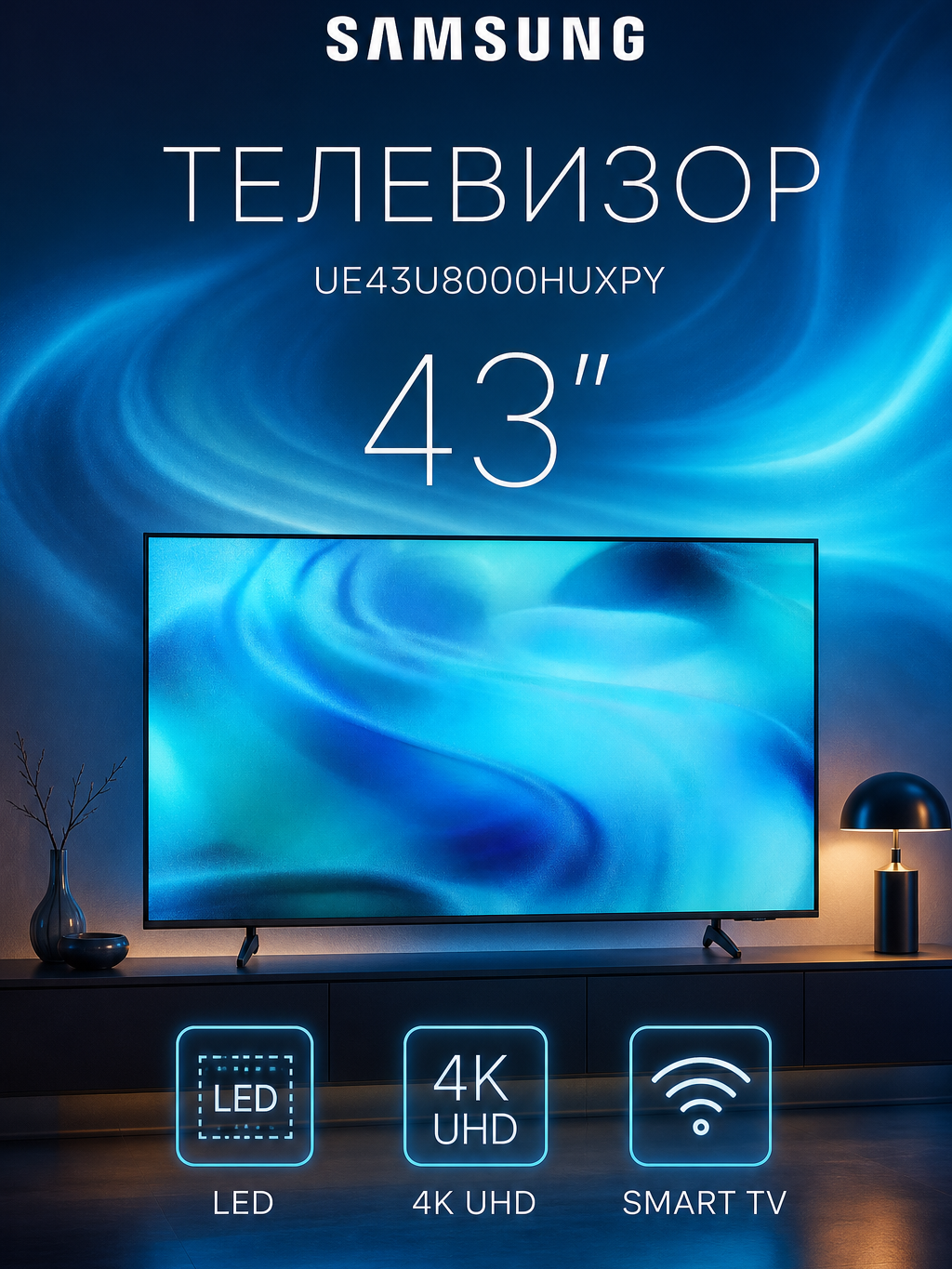 Телевизор Samsung 43" UE43U8000HUXPY, Smart TV, 4K UHD, черный