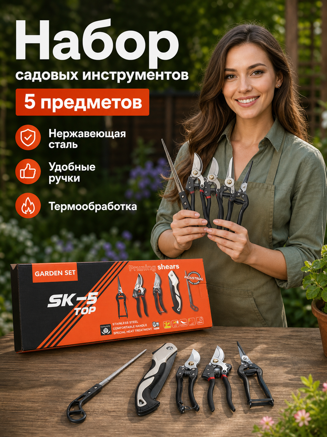 Набор садовых инструментов 5 предметов секатор ножницы пила совок грабли зеленый