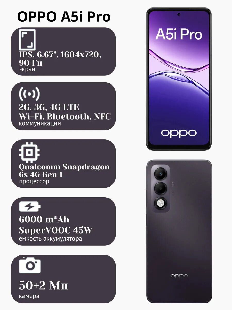 Смартфон OPPO A5i Pro, 8 ГБ/128ГБ, экран 6.67", камера 50+2 Мп, NFC, РСТ