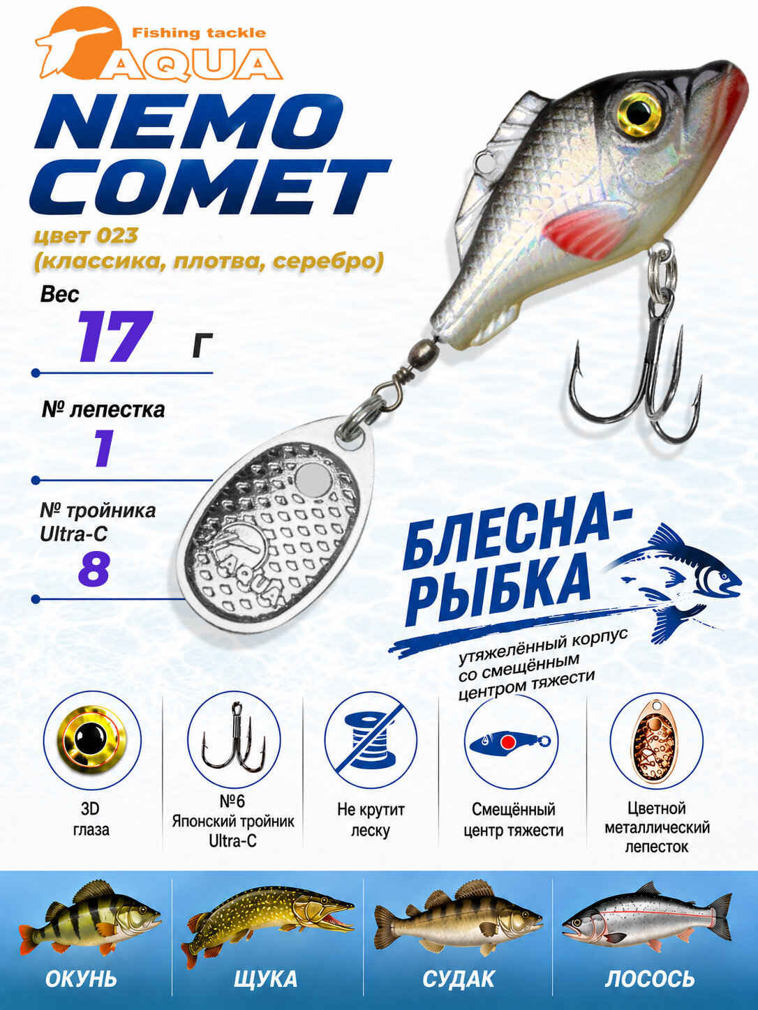 Блесна вертушка для рыбалки AQUA Немо Comet 17g лепесток №1, цвет 023